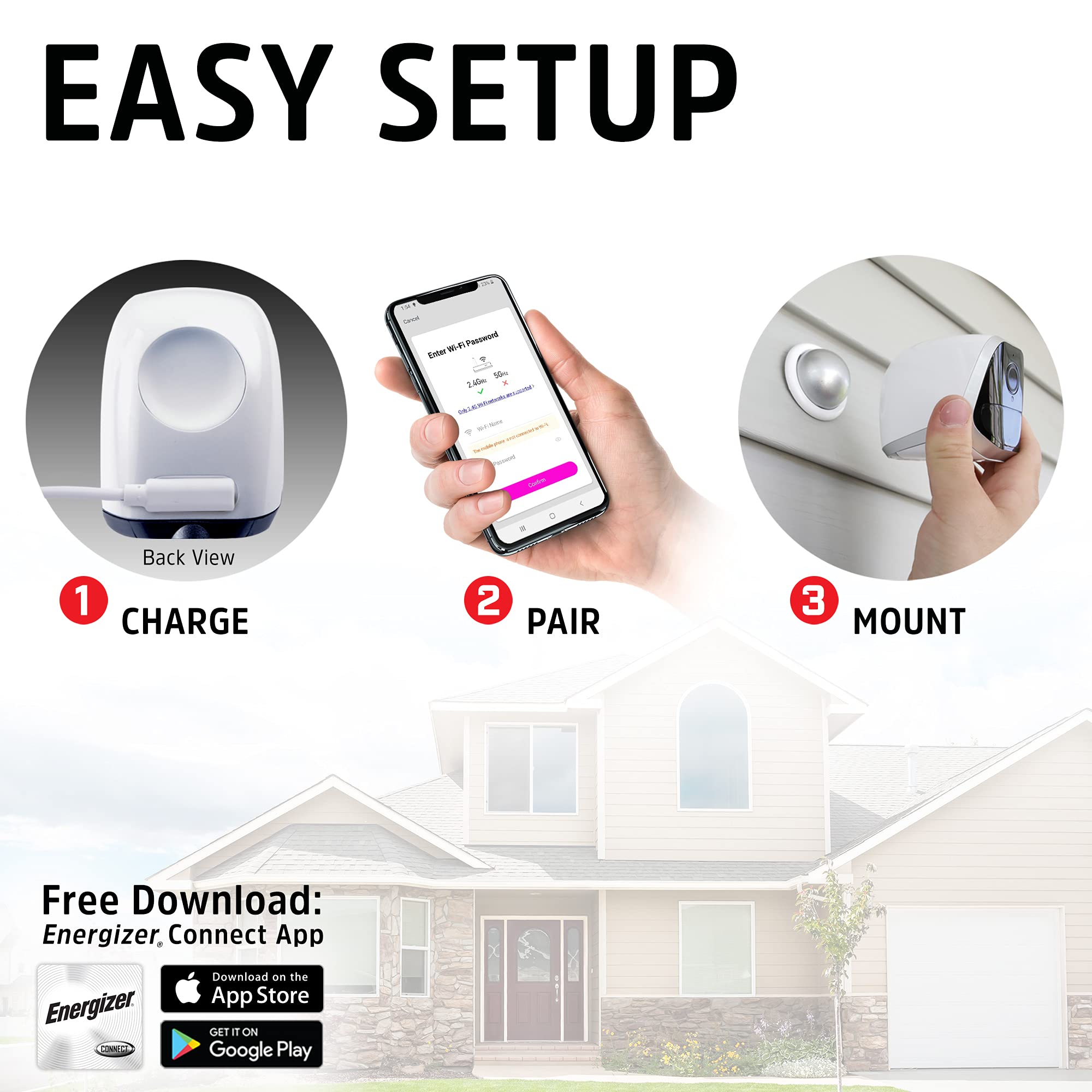 Energizer Connect Wireless Rechargeable Battery-Powered Smart WiFi Security Camera, 1080p Video, Indoor/Outdoor Weatherproof, PIR Motion Detection, 2-Way Audio, Night Vision, Cloud Storage/SD Slot