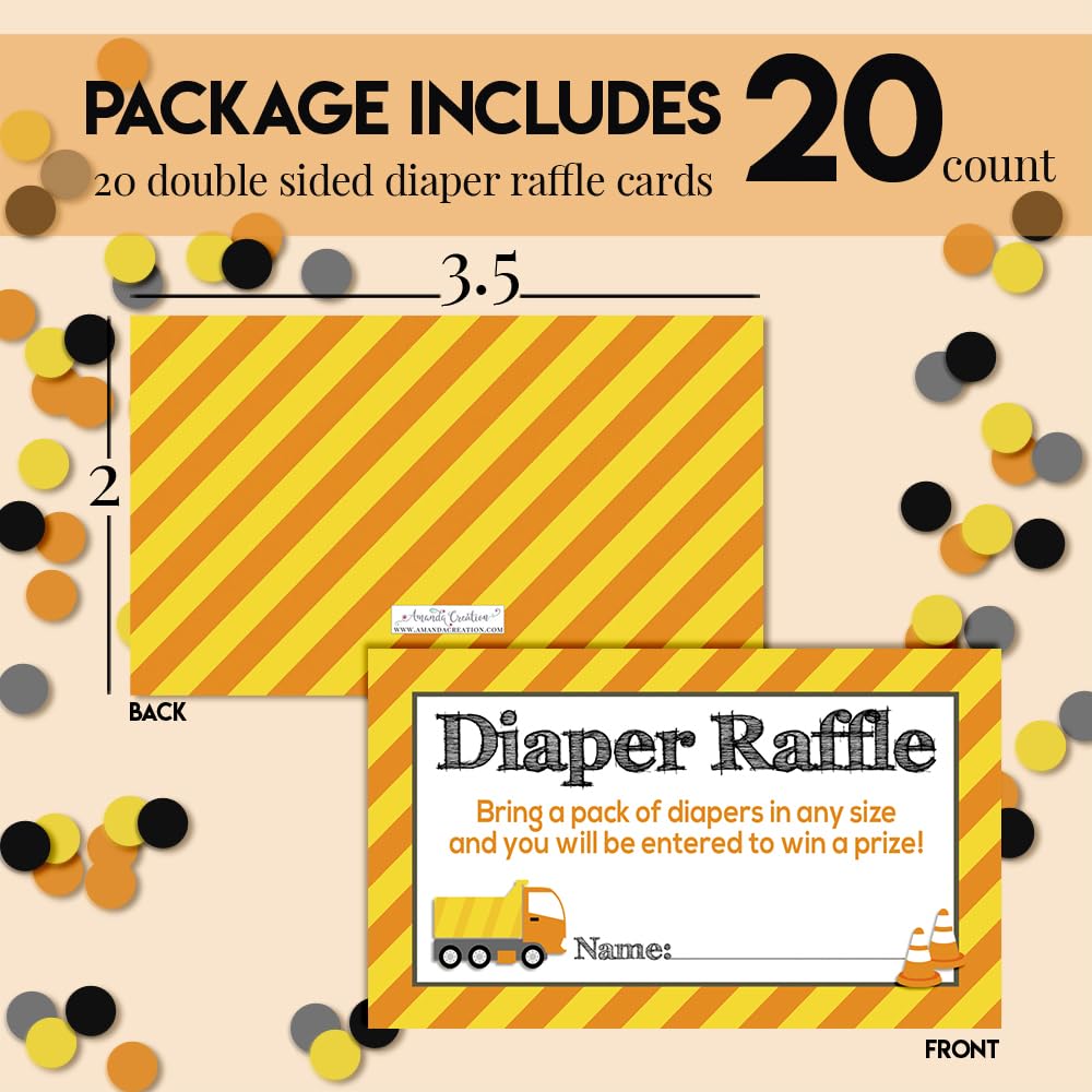 Amanda Creation Baby Under Construction Diaper Raffle Tickets for Baby Boy Showers, 20 2" X 3β Double Sided Insert Cards for Games, Bring a Pack of Diapers to Win Favors & Prizes!