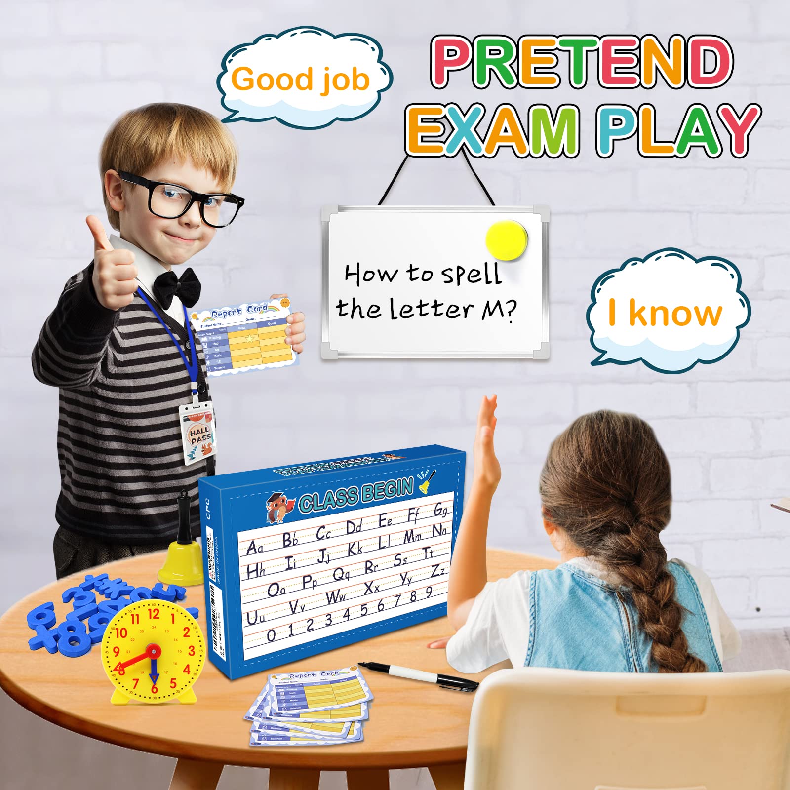 Alritz Pretend Play Teacher Set Classroom Learning Education Includes Reusable White Board Bell Clock and More, Be Teacher Student, for Boys Girls 5 6 7 8 9 10 11 12 Years Old