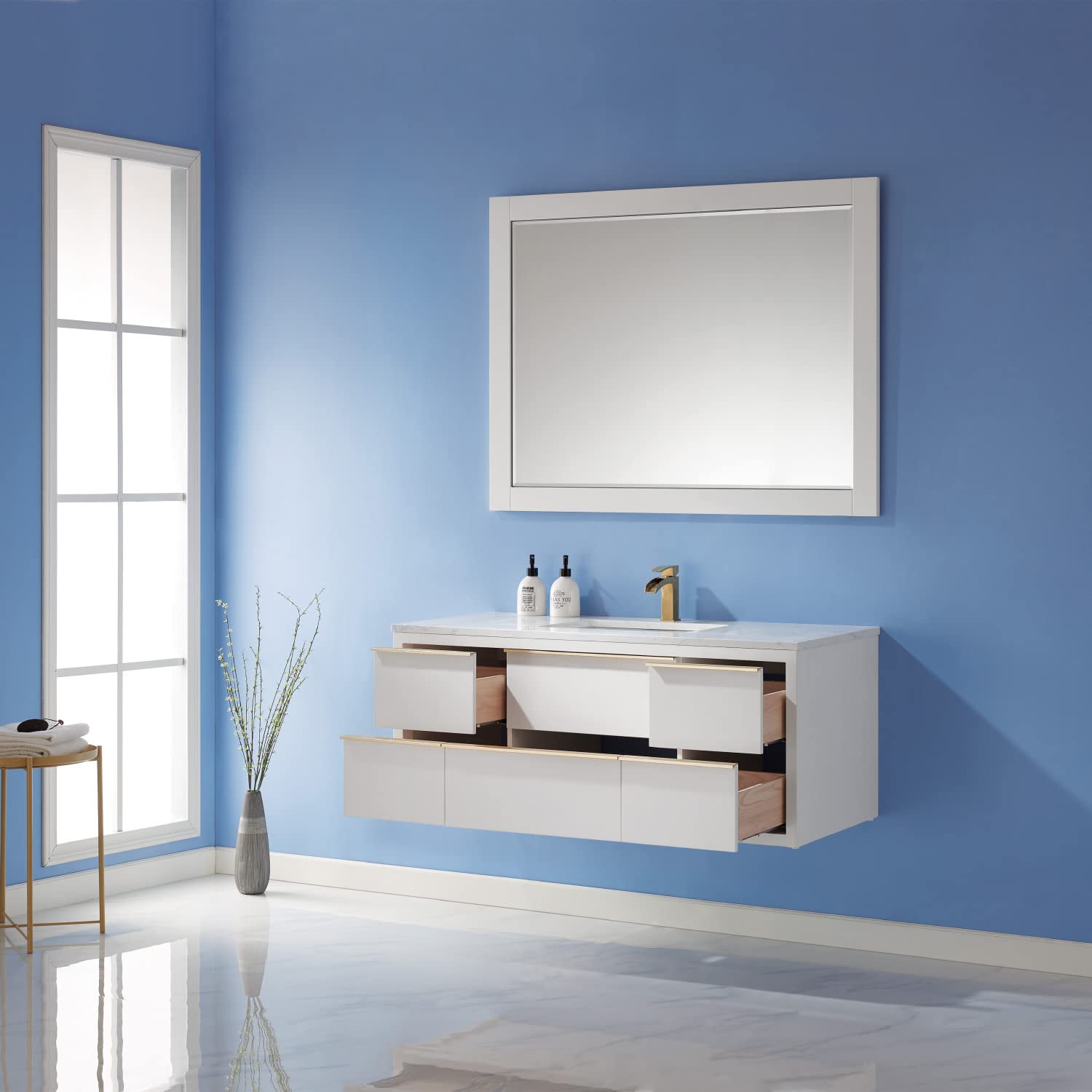 Altair Design Morgan 48" Carrara White Stone Countertop Single Vanity w/Mirror White