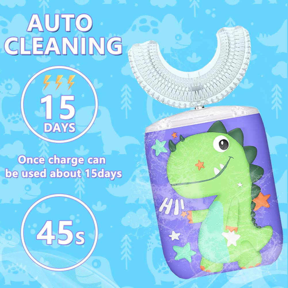 Kids Electric Toothbrushes Dinosaur U Shaped Rechargeable Ultrasonic Automatic Toothbrush for Toddler with Replacement Brush Heads 6 Cleaning Modes IPX7 Waterproof 360° Oral Care 45S Timer (Age 2-7)