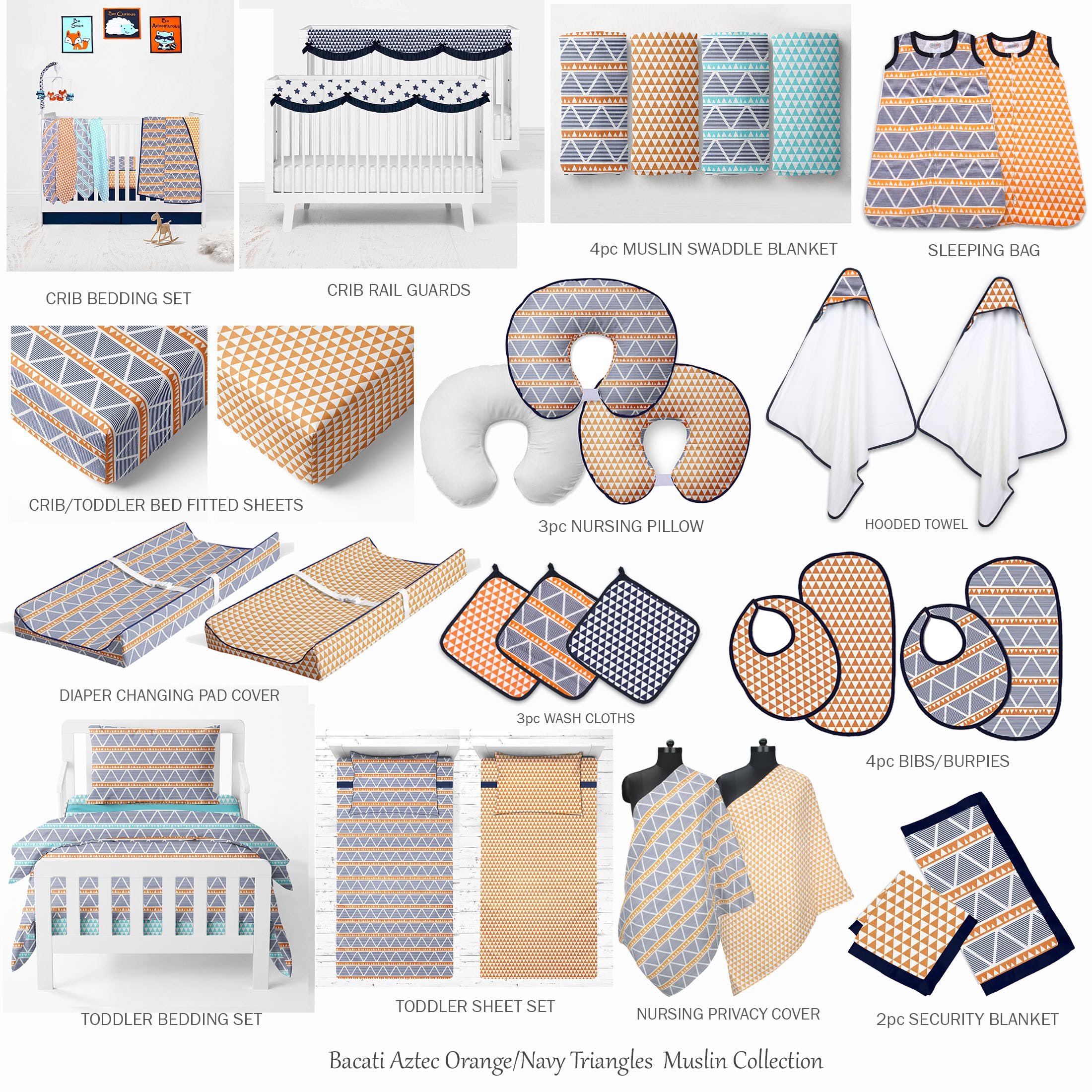 Bacati - 2 Pack Tribal/Aztec/Triangles Silky Soft Breathable 100% Cotton Muslin Baby Crib Fitted Sheets - Fits Standard 28 x 52 x 5 Crib & Toddler Mattresses (Orange/Navy Large Triangles)
