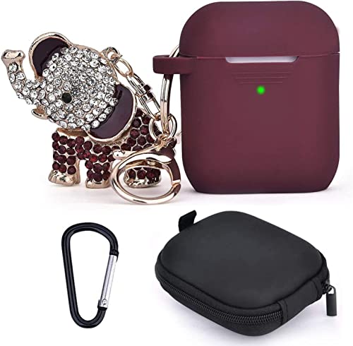 Airpods Case, TOROTOP Silicone Air pod Case Cover Cute Protective Accessories Set with Bling Elephant Keychain/Ear Hook/Storage Box Compatible for Apple Airpods 1&2 Women Girls(Burgundy)