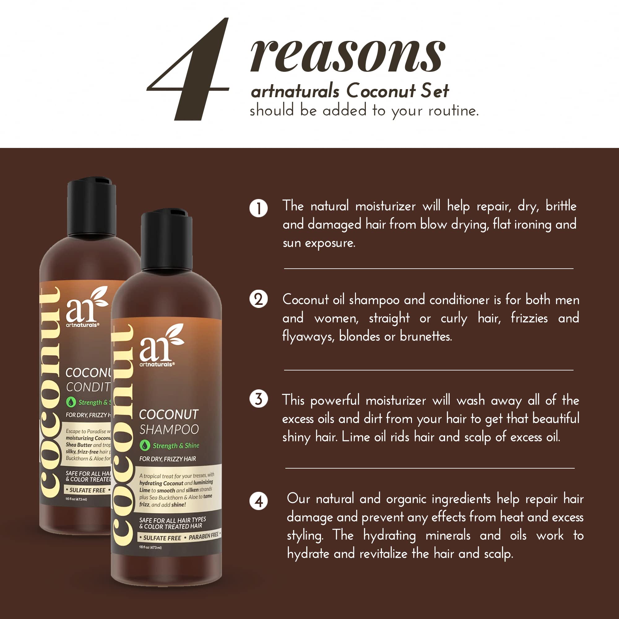 artnaturals Coconut-Lime Shampoo and Conditioner Set – (2 x 16 Fl Oz / 473ml) - Professional Deep Hydrating Moisturizing For Curly Fine Oily Dry Damaged and Color Treated Hair – Natural, Sulfate Free