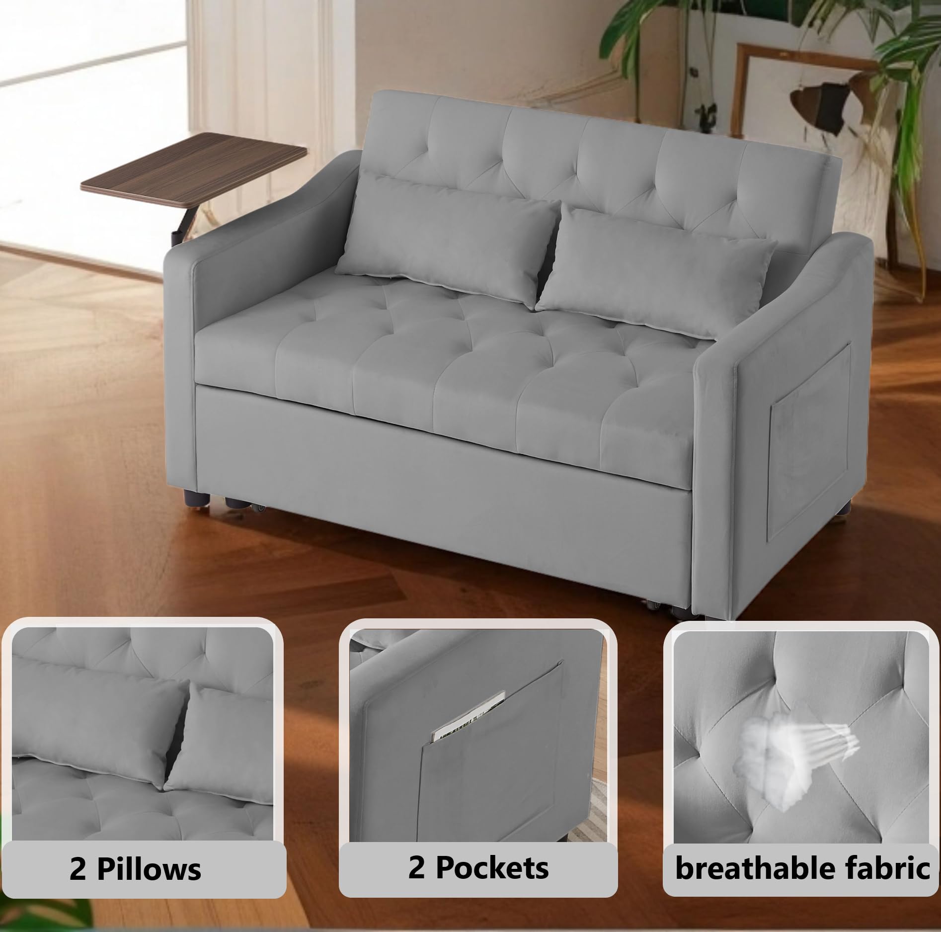 3-in-1 Multi-Functional Velvet Sleeper Sofa Pull Out Bed, 53'' Convertible Sofa Bed with Adjustable Backrest and Pillows, 360 Degree Swivel Side Table for Living Room, Small Space (Grey)