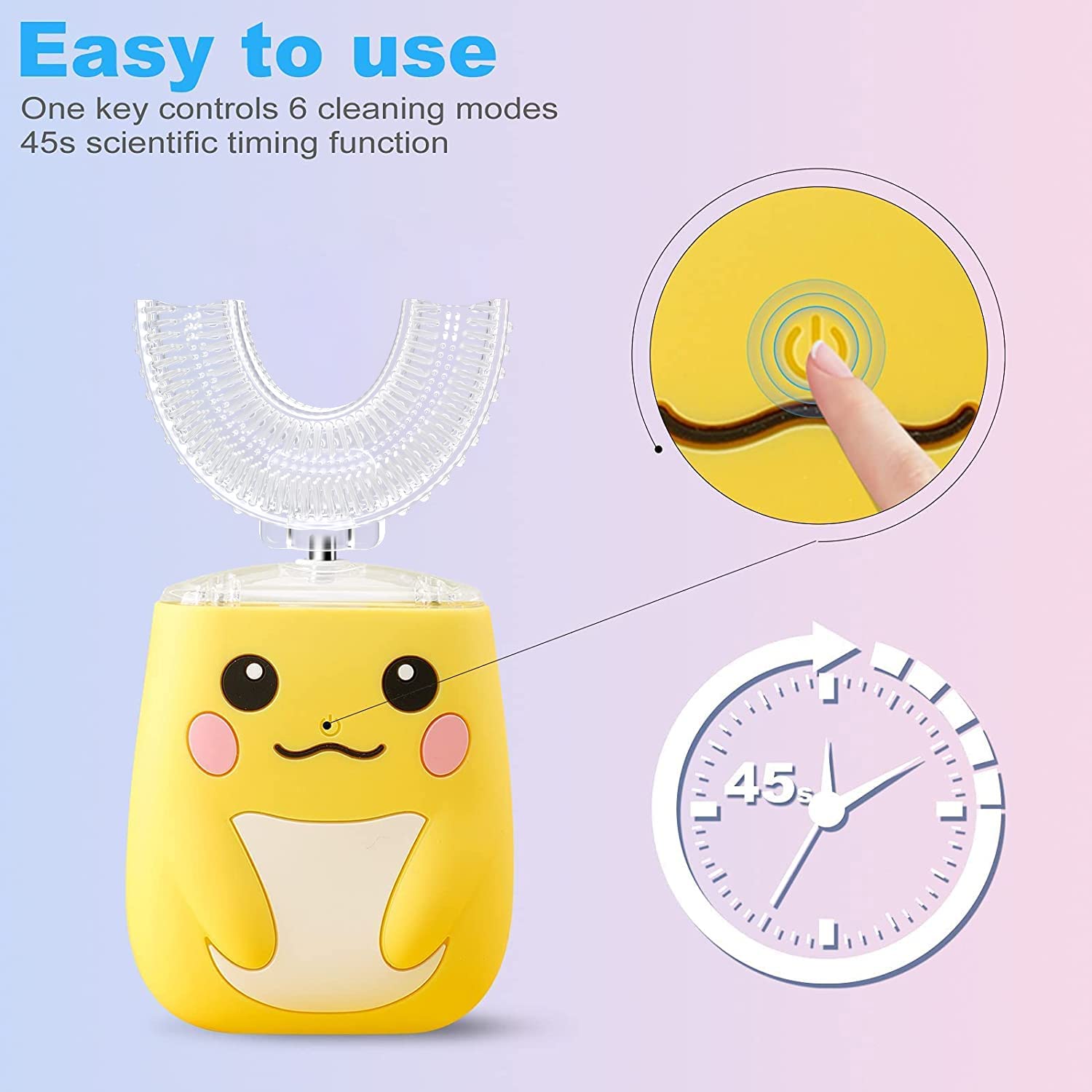 Kids Electric Toothbrush, U Shaped Ultrasonic Automatic Tooth Brush,Toothbrush with 2 Brush Heads,Six Cleaning Modes,IPX7 Waterproof,Cartoon Modeling Design for Toddler Children, Age 2-7 Yellow