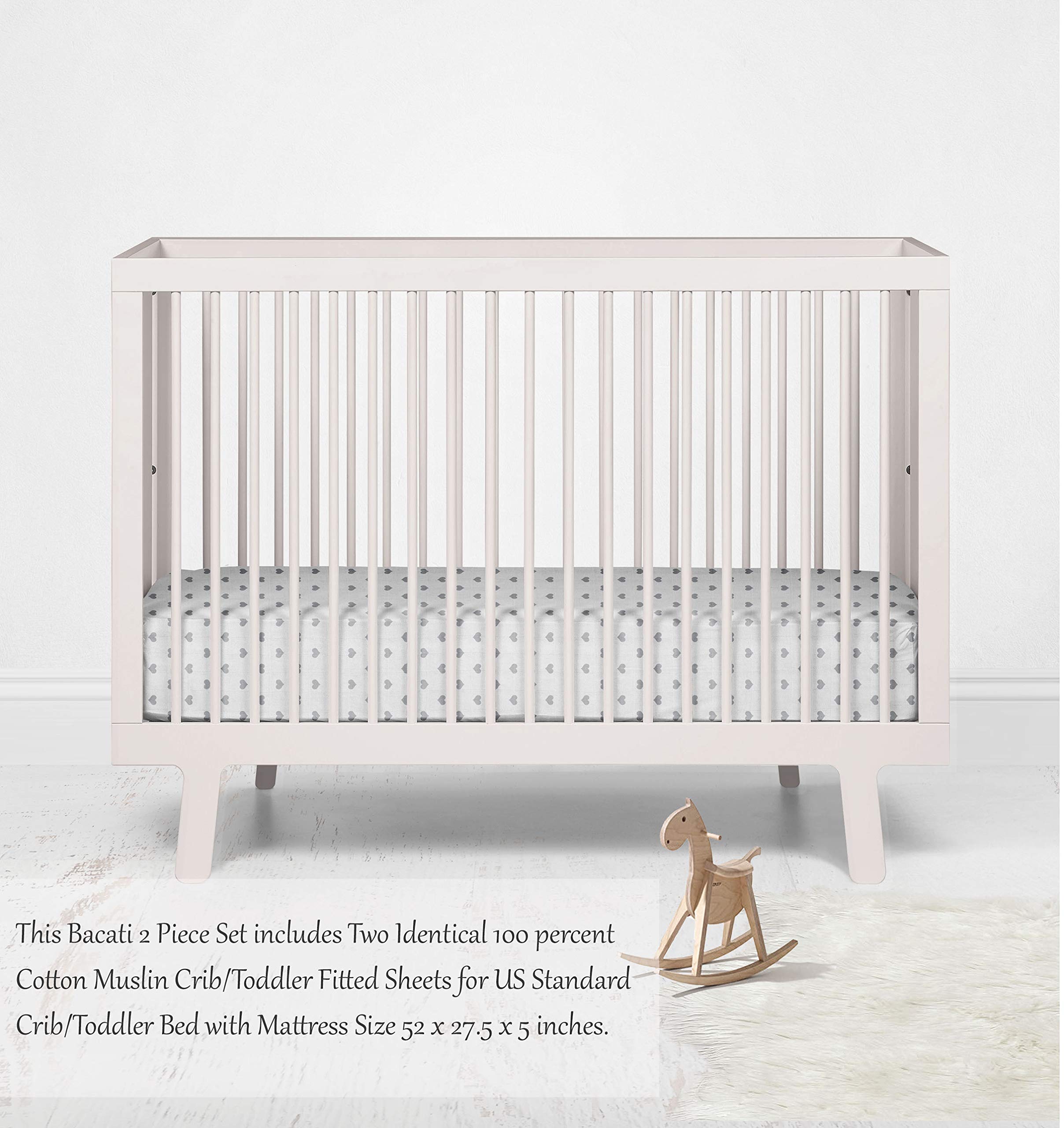 Bacati - 2 Pack Love/Aztec/Arrows/Hearts Silky Soft Breathable 100% Cotton Muslin Baby Crib Fitted Sheets - Fits Standard 28 x 52 x 5 Crib & Toddler Mattresses (Hearts, Grey)
