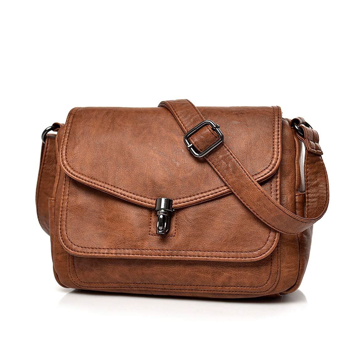 Alovhad Women Crossbody Bag Purse Muti Zip Pocket Leather Fashion Shoulder Bags (Brown)