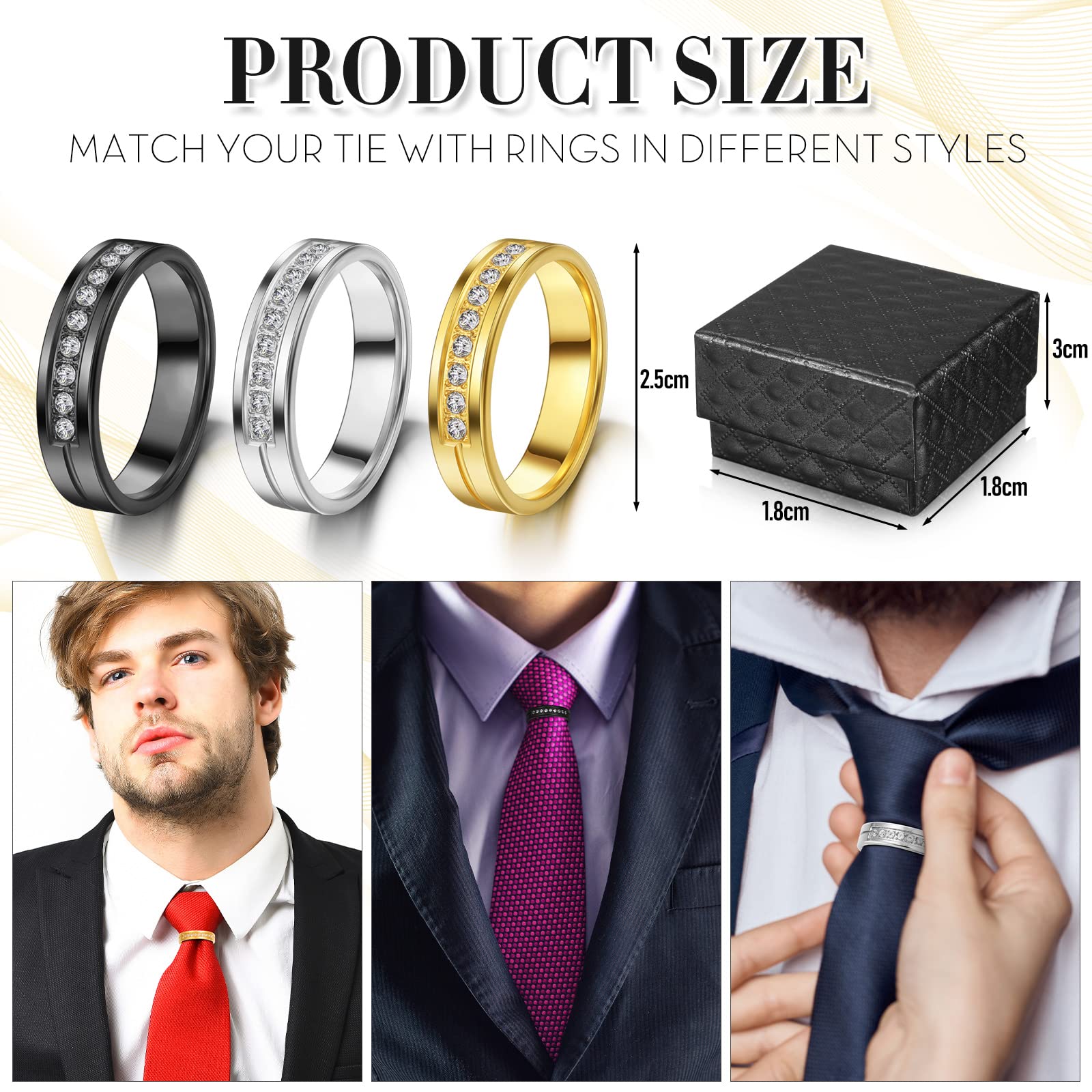 3 Pcs Men's Tie Ring Tie Clasp Necktie Ring for Neck Ties Solid Tie Tacks Accessories with Box for Wedding Jewelry Gift (Stylish Diamond Style)