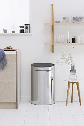Brabantia 10.6 Gal Kitchen Touch Trash Can New (Brilliant Steel) Removable Lid, Soft-Touch Open, Garbage Can + Bags