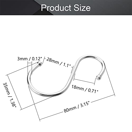 MroMax Stainless Steel S Hooks,80mm/3.15" Silver S Shaped Hook Hangers for Kitchen Bathroom Bedroom Storage Room Office Outdoor Multiple Uses, 4Pcs
