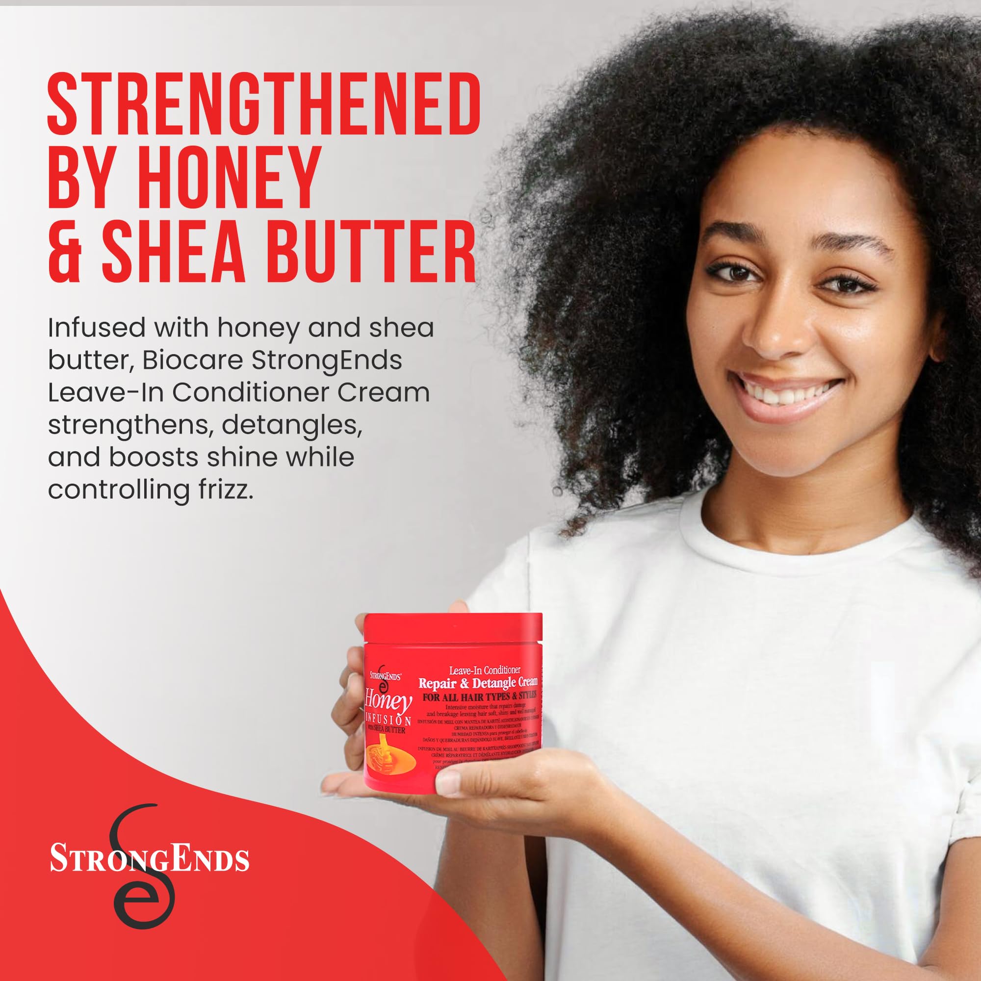 Biocare StrongEnds Moisturizing Leave-In Conditioner & Detangler Cream, Miracle Repair for All Hair Types & Hair Styles - Prevents Split Ends & Breakage, Infused with Honey & Shea Butter, 16 oz.