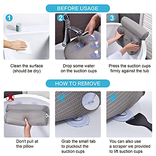 OMYSTYLE Bath Pillows for Tub, Bathtub Pillows with Soft 5D Air Mesh & 5 Large Suction Cups, Quick Dry Spa Bath Pillow for Neck, Head, Shoulder and Back Support - Soft, Non-Slip, Extra Thick | Gray