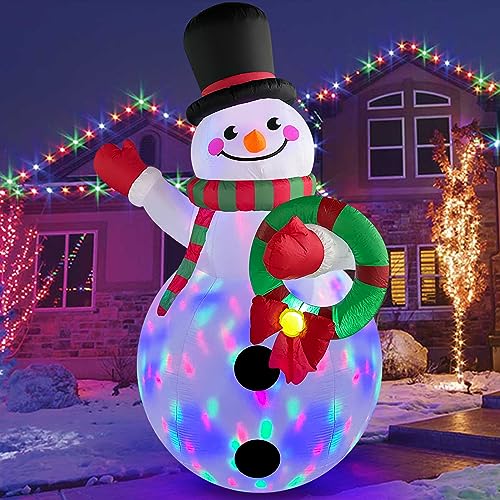 8FT Tall Christmas Inflatables Outdoor Decorations, Inflatable Snowman Holding Garland Blow Up Yard Decoration Build-in Rotating Colorful LEDs for Holiday Xmas Party Indoor Lawn Christmas Eve Décor