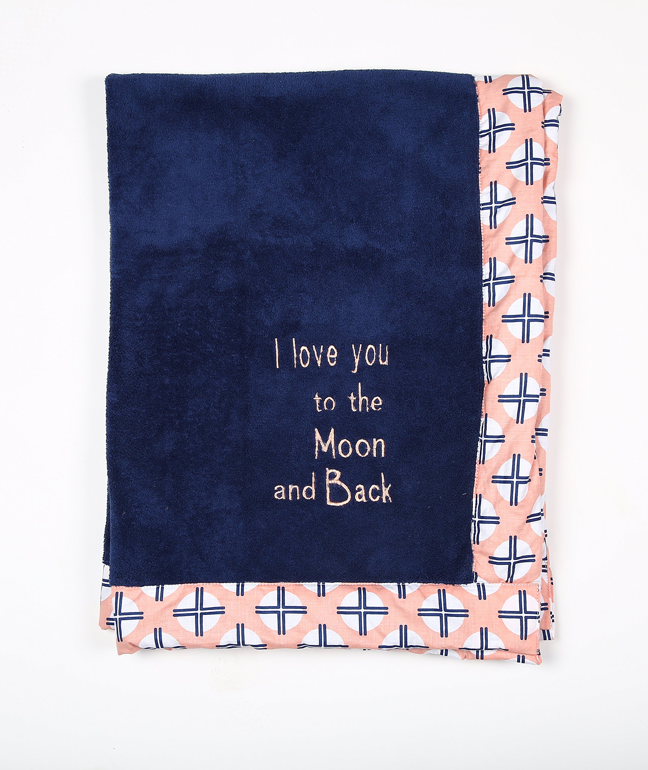 Bacati - Plush Baby Blanket Tribal/Aztec Coral/Navy Embroidered 30 x 40 inches
