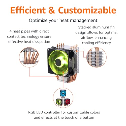 Amazon Basics Computer Cooling Fan with Cooler Master Technology, CPU Air Cooler, 4 Heat Pipes, RGB LED PWM, 4.02 X 3.28 X 4.96 Inch, Aluminum Fins
