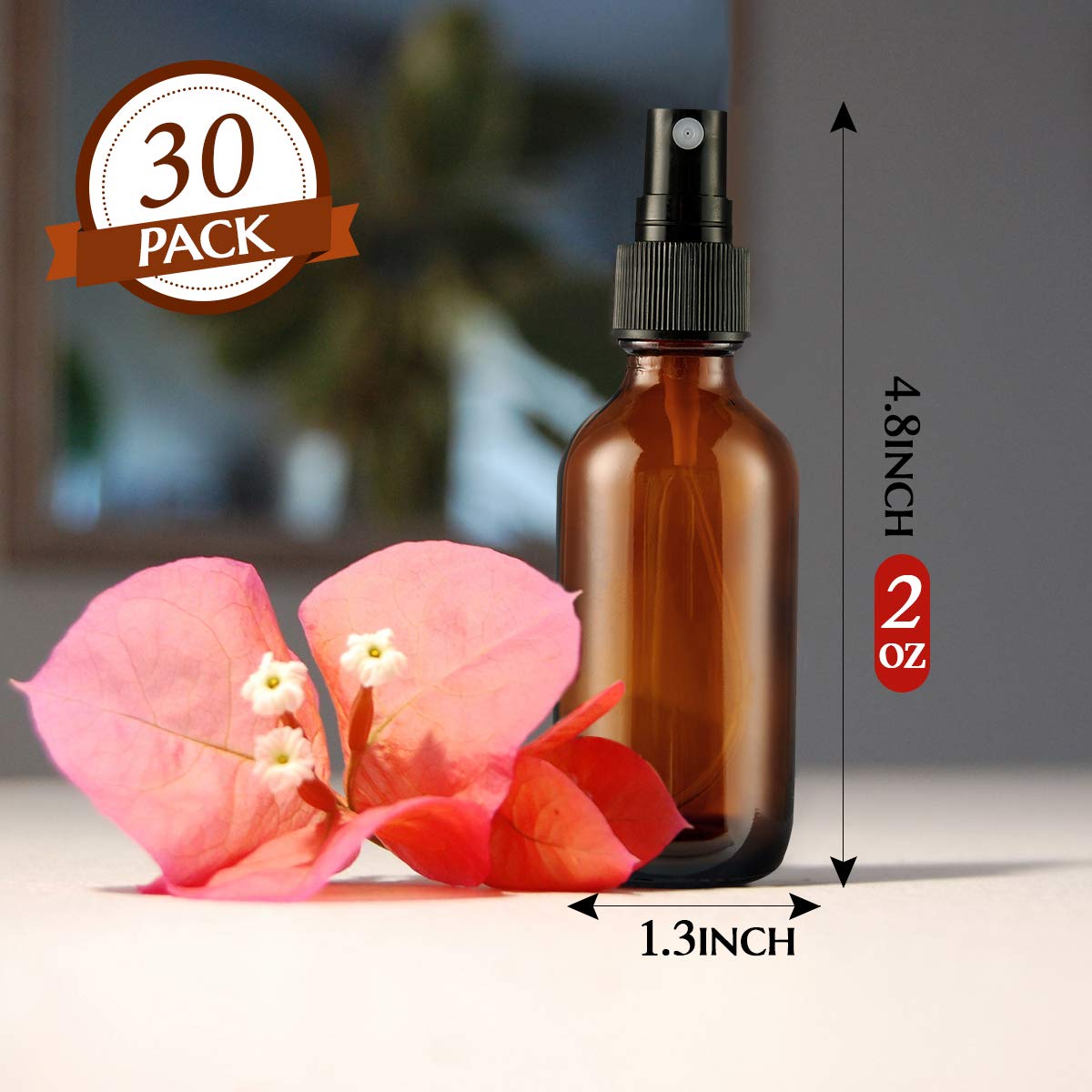 2Oz Glass Spray Bottles 30 Pack, Hoa Kinh Small Amber Mist Spray Bottles, 2 Ounce Empty Refillable Containers (2oz-30pack)