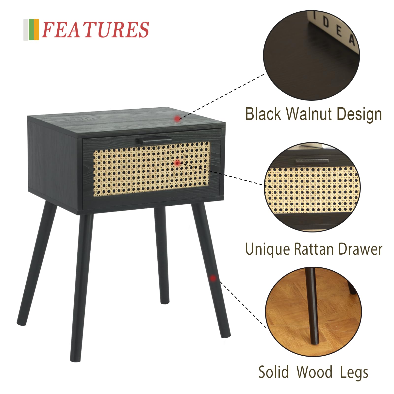 AWASEN Nightstand Mid Century Modern Side Table with Rattan Drawer, End Table with Storage and Solid Wood Legs for Bedroom Living Room Small Space, Easy Assembly (Natural Walnut)