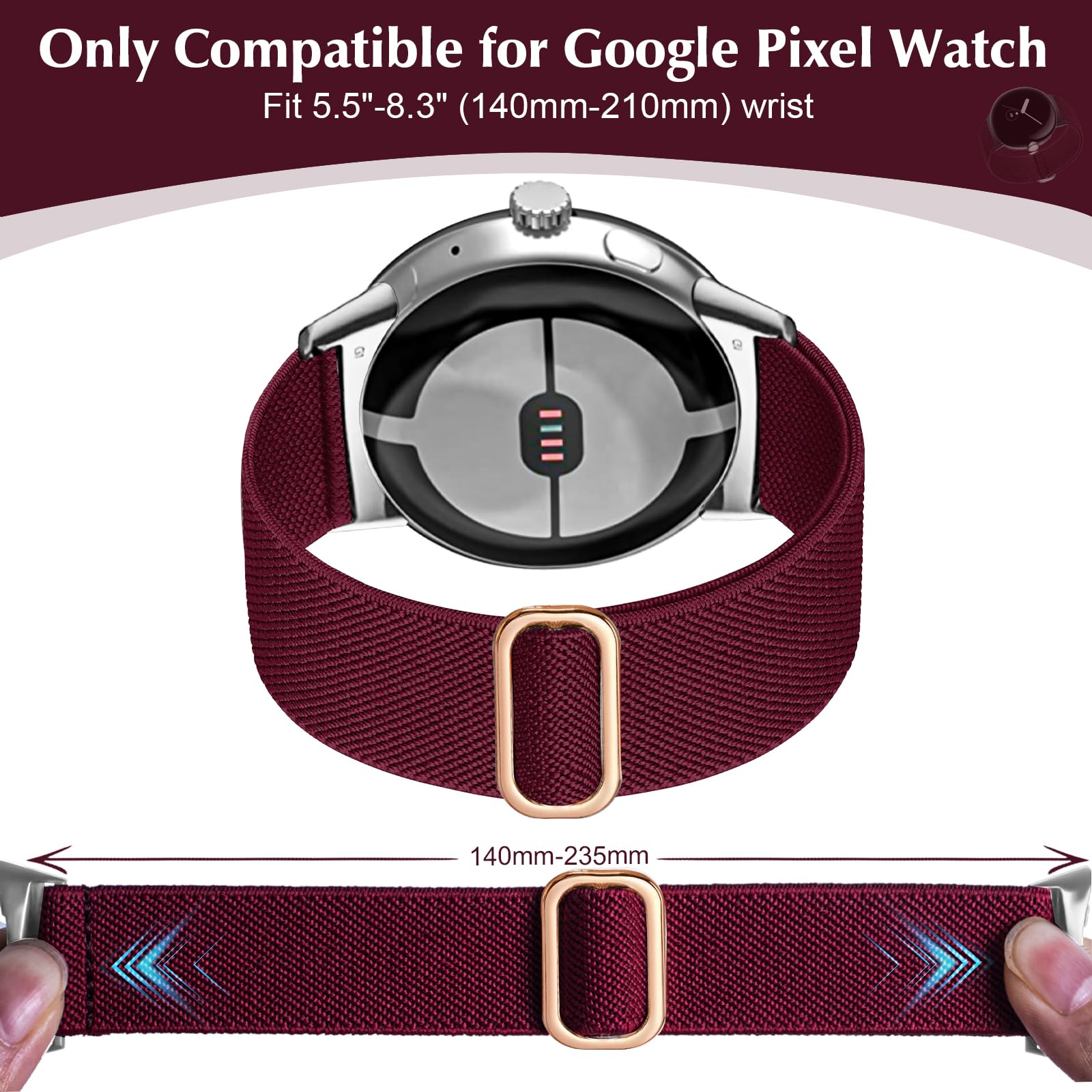 2 Pack Stretchy Nylon Compatible for Google Pixel Watch 2 /Pixel Watch Band, Replacement Soft Braided Sport Elastic Wristbands Accessories Women Men Straps for Pixel Watch 2/1,Pink+Wine