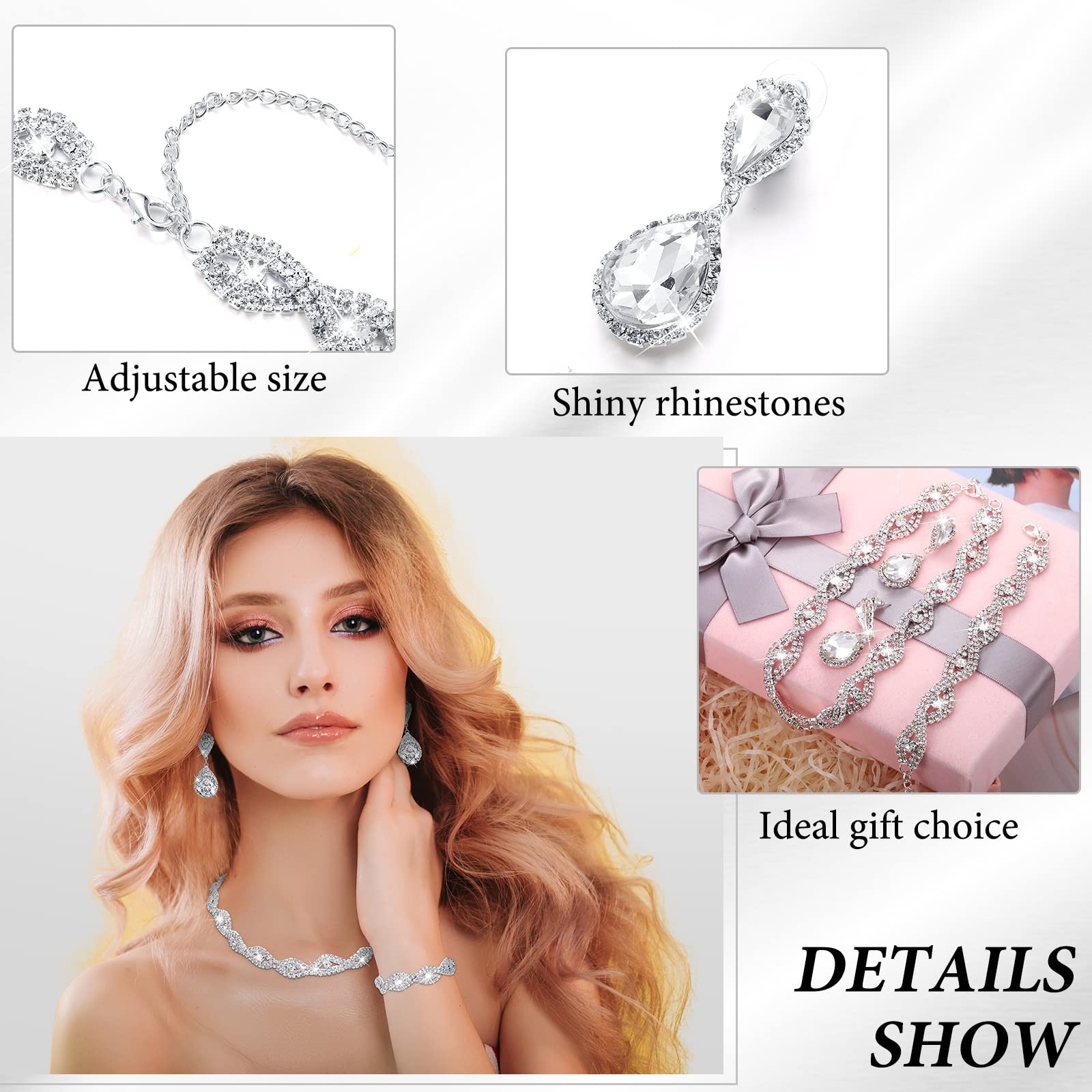 3 Pcs Women Crystal Jewelry Set Includes Bridal Wedding Rhinestone Choker Necklace Crystal Bracelets and Dangle Earrings (Modern Style)