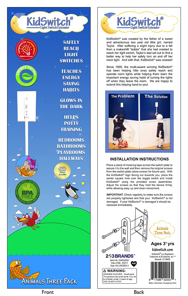 Kidswitch Light Switch Extender for Kids (3 Pack, Land & Sea Animal Theme) - Glow in The Dark Toddler Light Switch - Kids Light Switch Extender - Quick Install, Easy Grab Extension, Award Winning