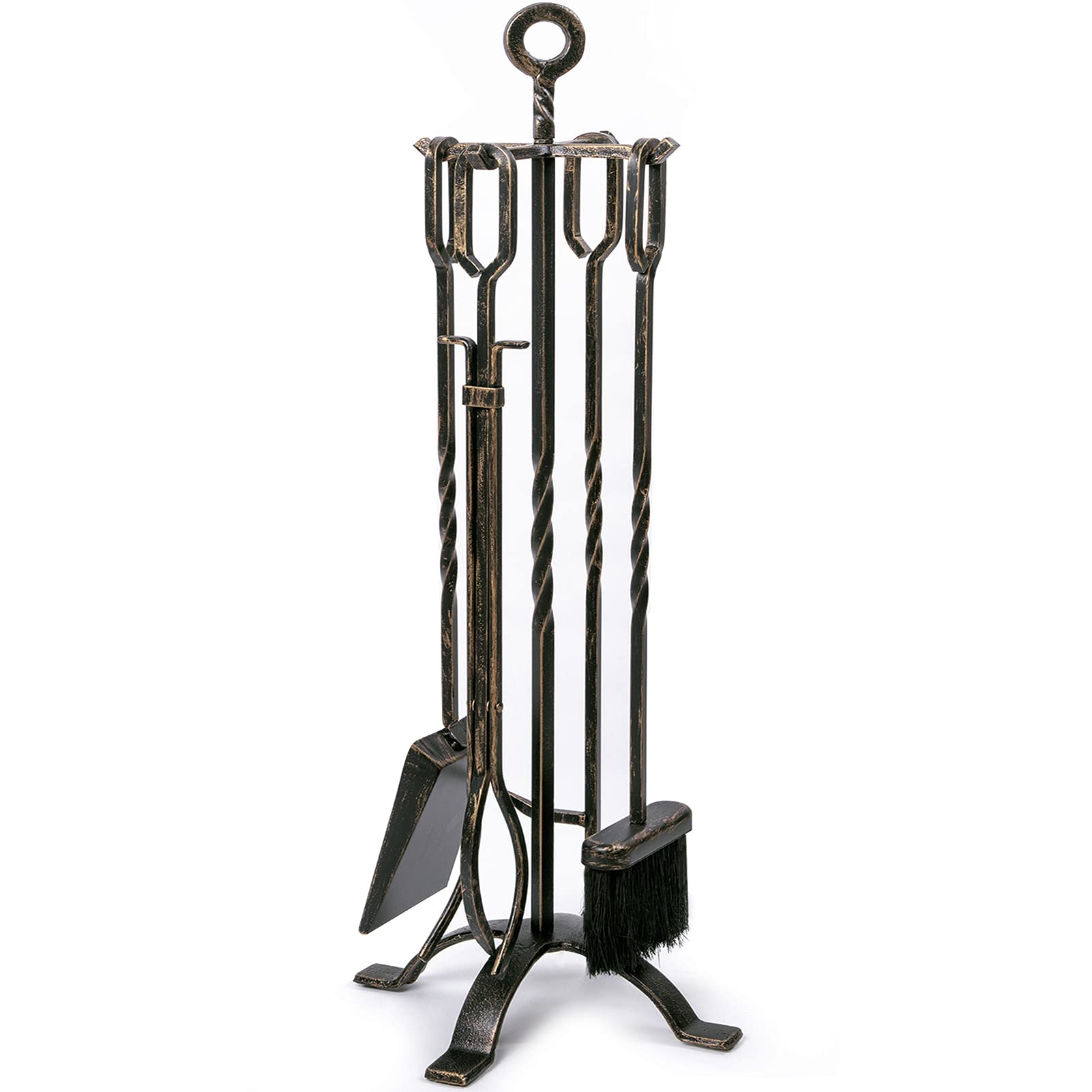AMAGABELI GARDEN & HOME 5 Pieces Fireplace Tools Sets Wrought Iron Fireplace Set Antique Brass Copper with Poker Tongs Broom Shovel Stand Indoor Fire Place Kit Wood Stove Hearth Accessories Gold