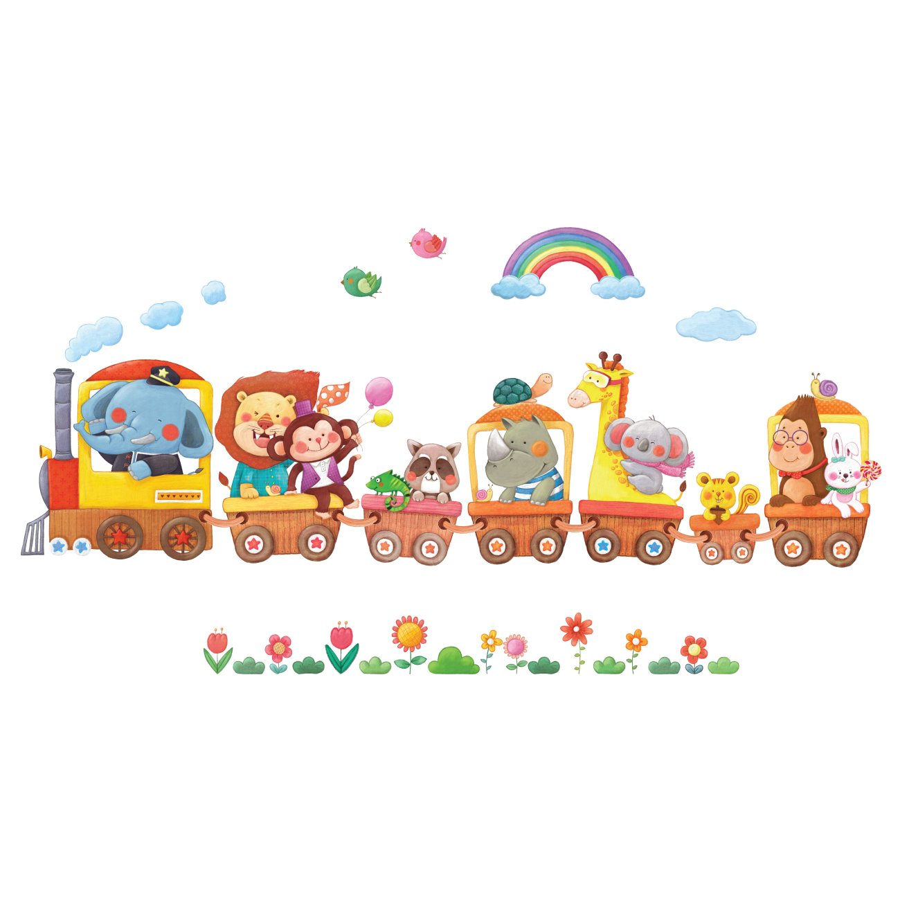 DECOWALL DS-8024 Animal Trains Kids Wall Stickers Wall Decals Peel and Stick Removable Wall Stickers for Kids Nursery Bedroom Living Room (Small) d?cor