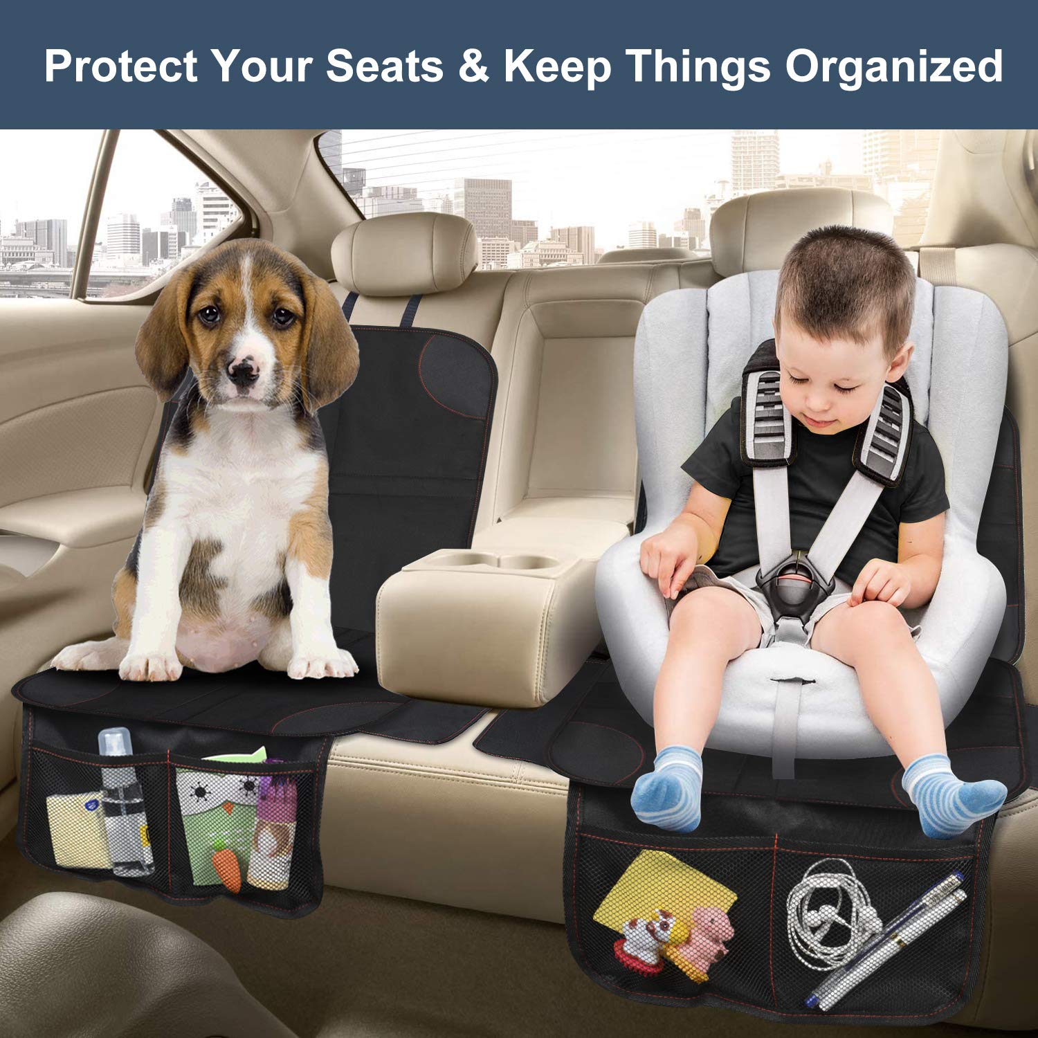 2 Pack Car Seat Protector for Car Seat,Waterproof Seat Protector with Mesh Pockets and Thickest Padding for Your Fabric and Leather Seats