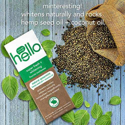 Hello Vegan Fluoride Toothpaste, Moisturizing Hemp Seed Oil + Coconut Oil, Super Fresh Family Farmed Spearmint, Naturally Whitening Toothpaste, Helps Remove Plaque, 4 Ounce