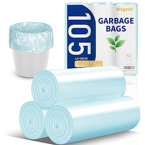 4 Gallon Small Trash Bags-Magesh 4 Gallon Trash Bag Strong, Leakage-Free, Small Garbage Bags 4 Gallon Unscented Thick for Bathroom, Office, Kitchen Small Trash Can, 15L, 105 Bags, Blue