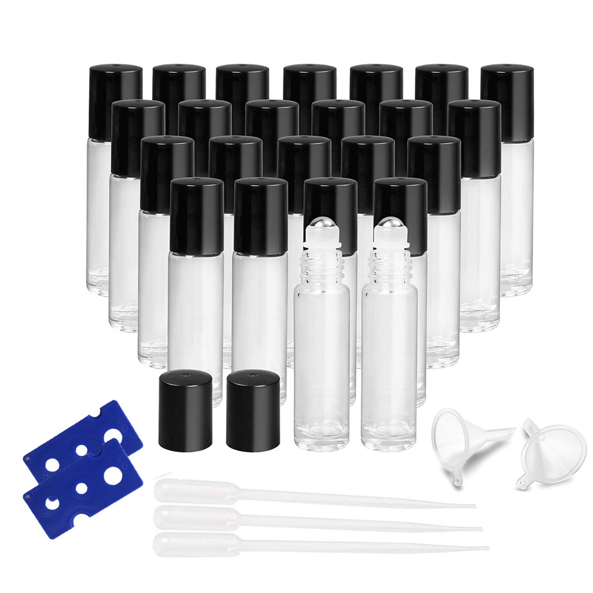 Essential Oil Roller Bottles 63 Pack 10ML Glass Roller Bottle Amber For Essential Oil (4 Opener,6 Pipettes, 4 Funnels,192 Label) (Clear)