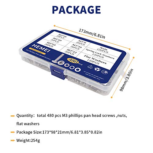 HEMEI 480Pcs M3 Phillips Pan Head Bolt Screws,Phillips Drive,Full Thread 304 Stainless Steel Precise Metric Machine Screws Assortment Kit with Nuts Flat Washers Lock Washers and Storage Case