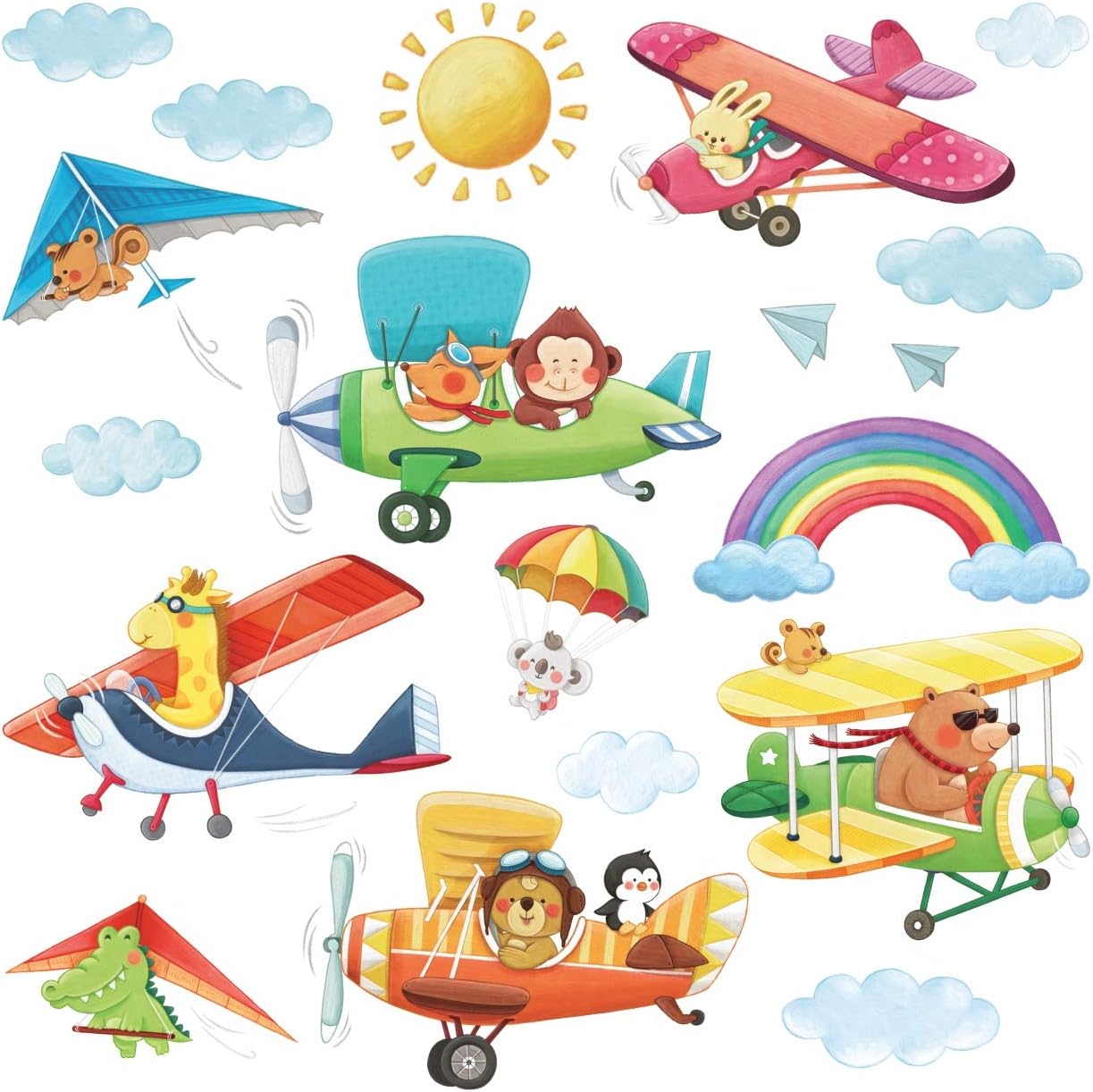 DECOWALL DS-8026 Animal Airplanes Kids Wall Stickers Wall Decals Peel and Stick Removable Wall Stickers for Kids Nursery Bedroom Living Room (Small) d?cor