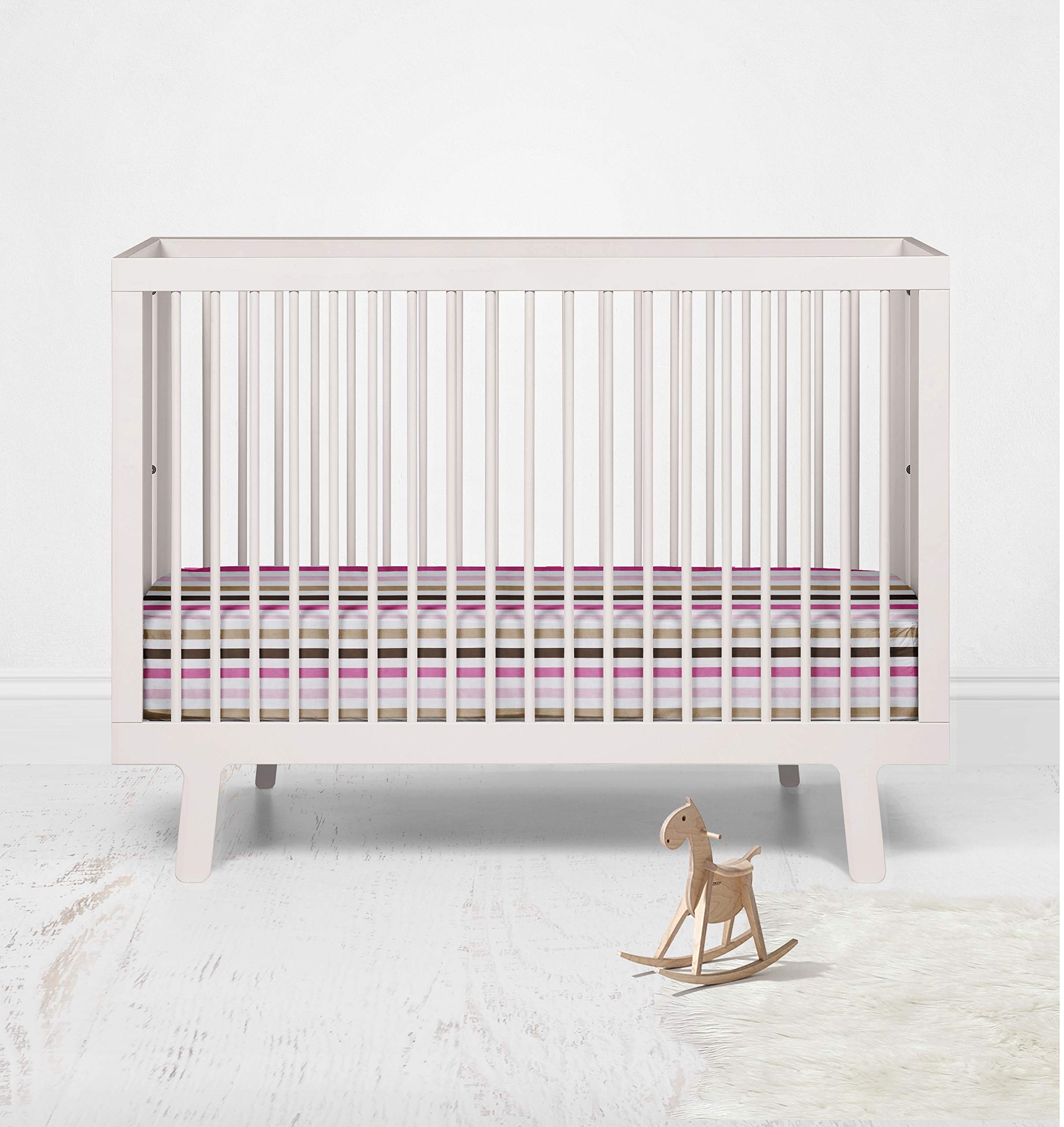 Bacati - 2 Pack MOD Stripes Printed Neutral 100% Cotton Universal Baby US Standard Crib or Toddler Bed Fitted Sheets (Pink Chocolate Brown)