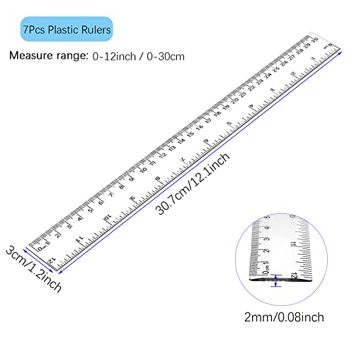 7 Pack Clear Rulers, Plastic Ruler 12 inch Transparent Straight Ruler with Centimeters and Inches, Kids Rulers Bulk for Student Kids Classroom School Office Standard Ruler