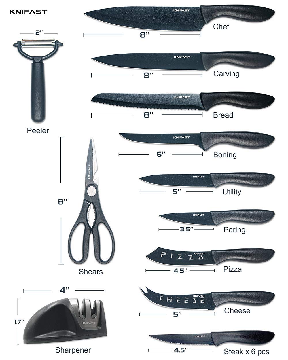 KNIFAST Knife Set Stainless Steel 18 Pieces with Block Dishwasher Safe, Kitchen Knives Set Chef Knife Set with Knife Sharpener, 6 Steak Knives with Peeler Scissors Cheese Pizza Knife and Acrylic Stand