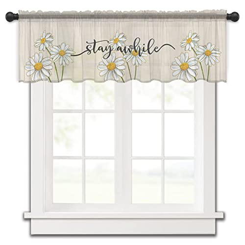 BOBOWUNY Farmhouse Flower Sheer Window Valance Rod Pocket Valance Curtain, Semi Sheer Drapery for Bedroom Kitchen Window Decor Curtains, 1 Panel 54"x18" Gold White Daisy Floral Watercolor