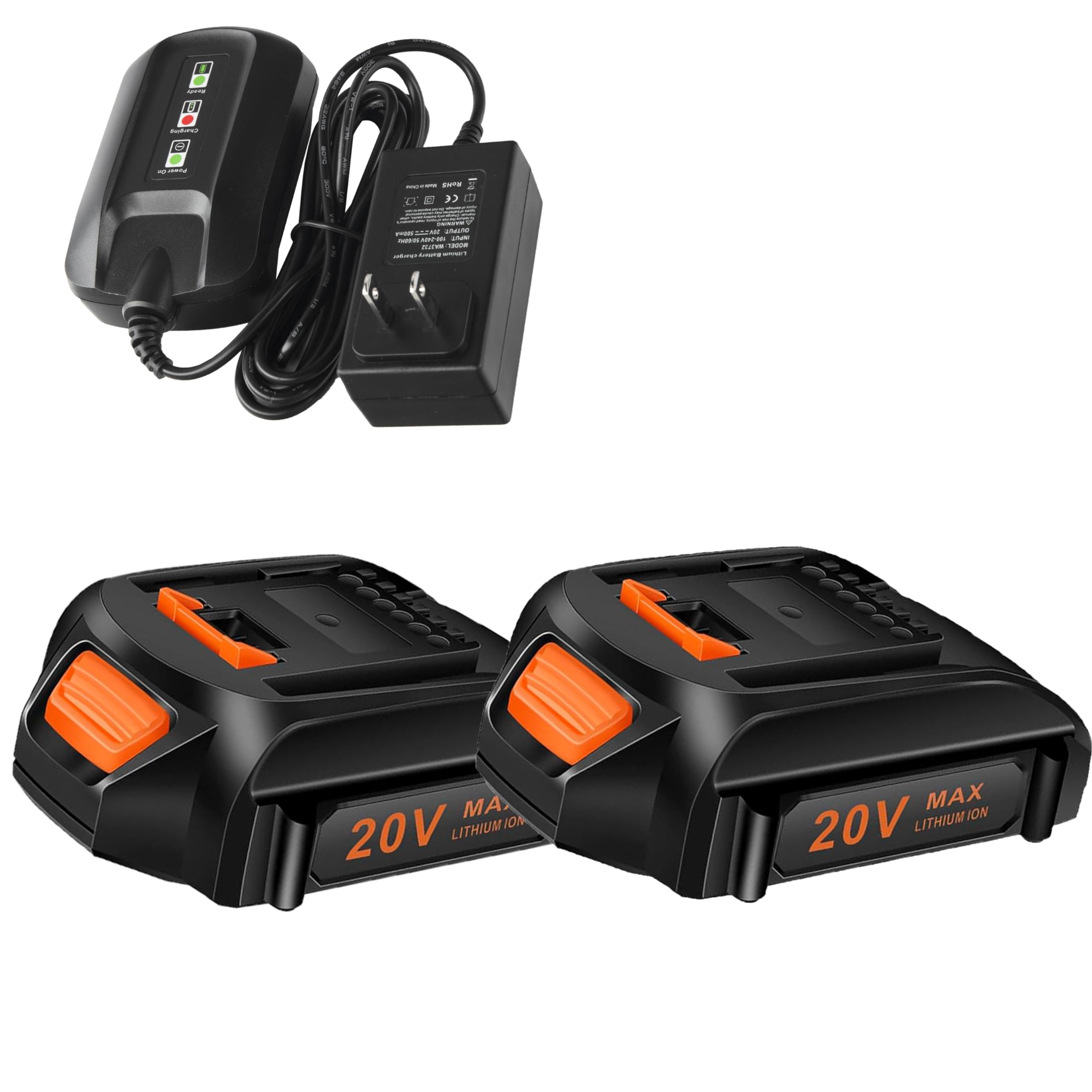 20V 2Packs Replacement Battery and Charger Starter Kit, Cell9102 WA3520 Lithium Battery and Charger WA3742 Compatible with Worx 20-Volt Cordless Power Tools
