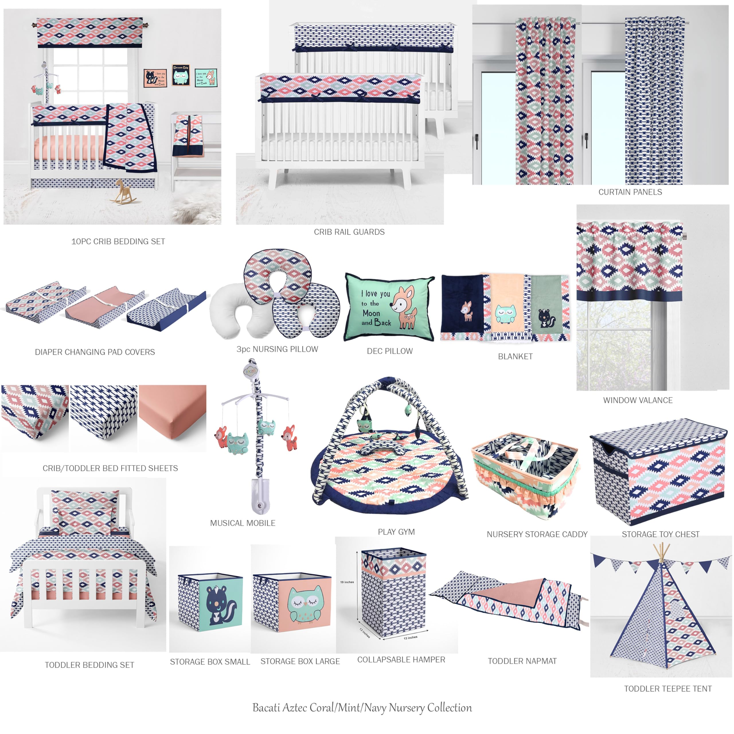 Bacati - 2 Pack Emma Aztec Kilim Printed Girls 100% Cotton Universal Baby US Standard Crib or Toddler Bed Fitted Sheets (Coral Mint Navy)