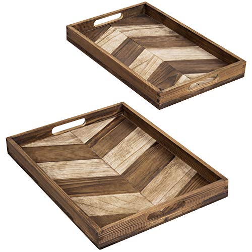 MyGift Large Wooden Nesting Breakfast Trays with Chevron Arrow Design - Burnt Brown Wood Snack Serving Tray with Cutout Handles, 2 Piece Set
