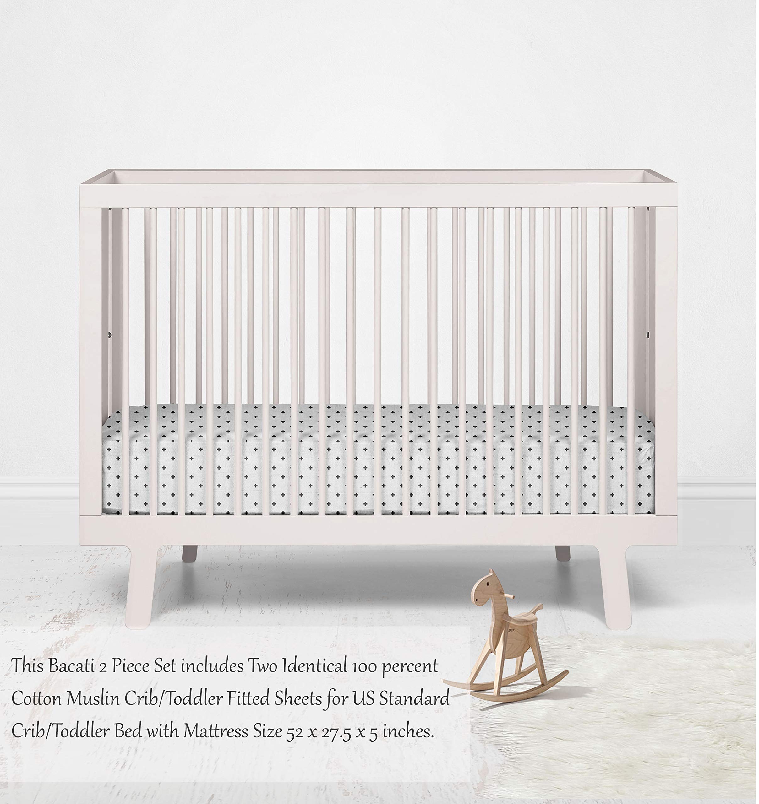 Bacati - 2 Pack Love/Aztec/Arrows/Hearts Silky Soft Breathable 100% Cotton Muslin Baby Crib Fitted Sheets - Fits Standard 28 x 52 x 5 Crib & Toddler Mattresses (Jacks/Plus/Cross, Black)