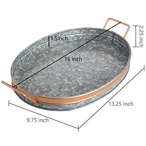 MyGift Rustic Galvanized Metal Decorative Tray with Copper Tone Rim and Handles, 16 Inch Oval Serving Tray - Handcrafted in India
