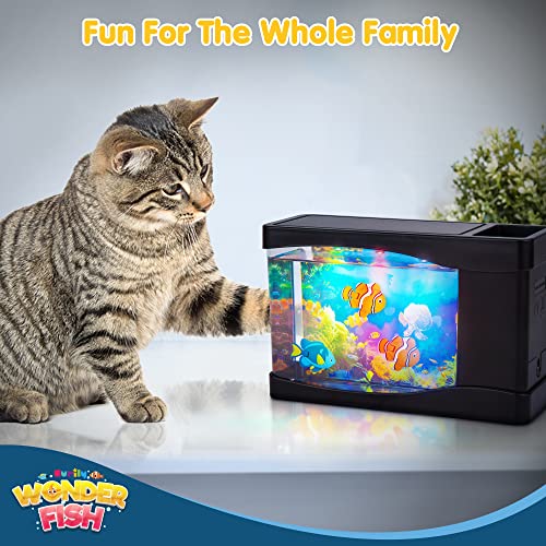 Artificial Fish Tank Virtual Ocean Toy in Motion Lamp - Mini Office Desk Aquarium 3 Colorful LED Lights, Colorful Aquarium Backgrounds - 3 Artificial Fish, Bubbles Tank with Moving Fish, Gift for Kids