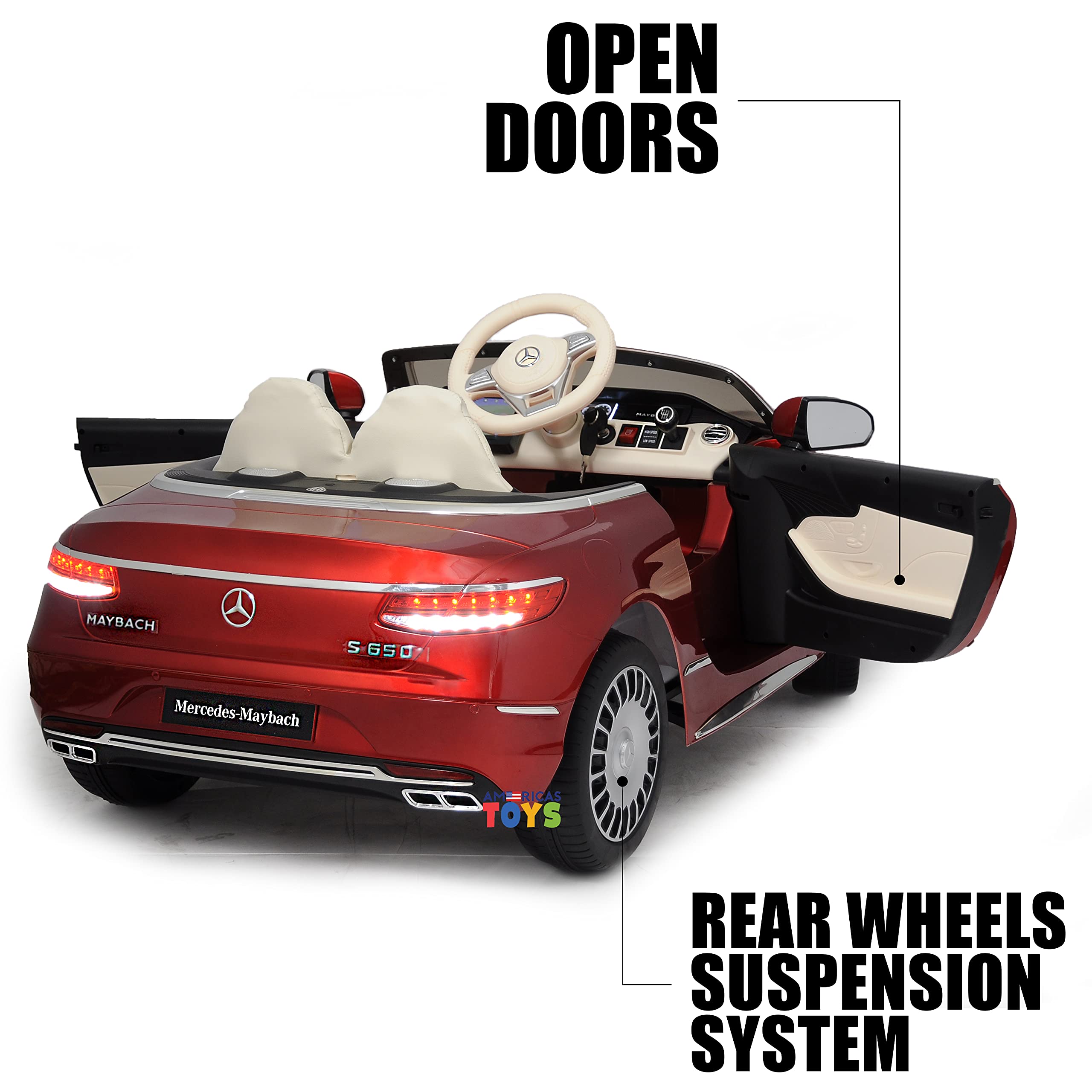 Americas Toys Kids Car with Mp4 Touchscreen, Bluetooth, Remote Control, Leather Beige Seat β Electric Car One Seater with Open Doors, 5 points Safety Belt, Compatible with Mercedes Maybach Painted Red
