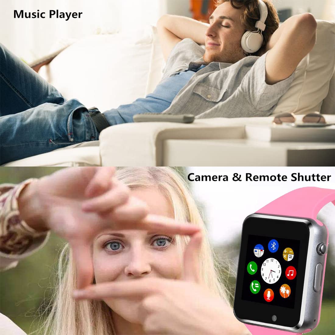 Amazqi Smart Watch with SD Card Pedometer Call Text Notification Music Player Camera Compatible with Android and iPhone (Partial Functions) for Women