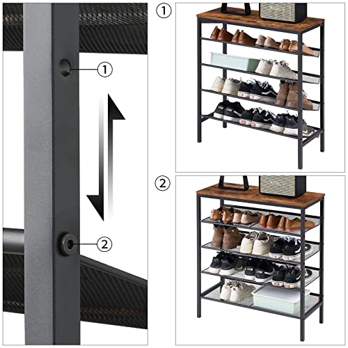 IBUYKE Industrial Shoe Rack, 5-Tier Shoe Organizer with 4 Metal Mesh Shelves, Unit Flat & Slant Adjustable Shoe Storage for 16 Pairs, for Entryway, Hallway, Bedroom, Closet, Rustic Brown, UTMJ083H