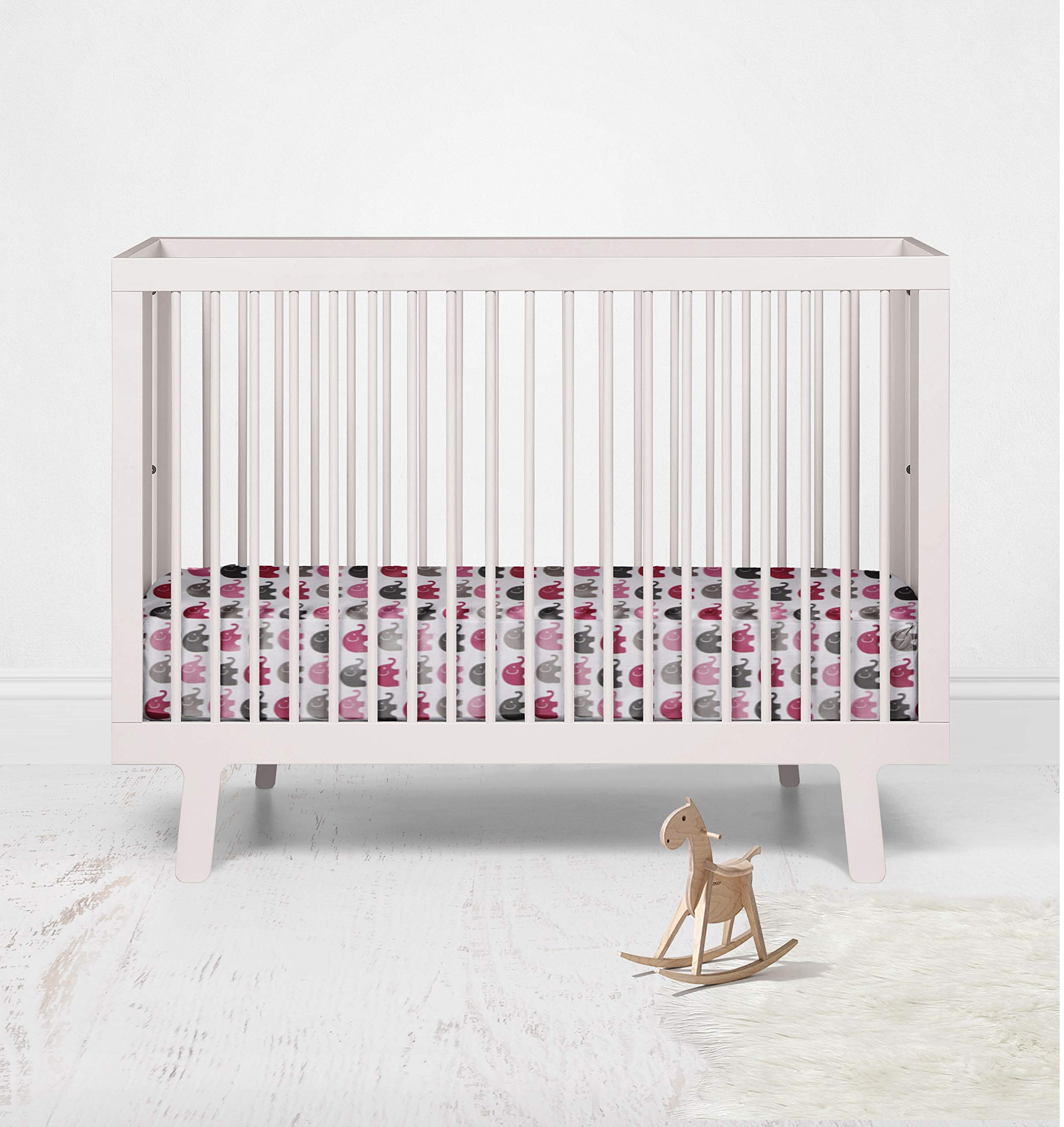 Bacati - Elephant Pink, Fuchsia, Grey 100% Cotton Girls Universal Baby Crib or Toddler Bed Fitted Sheet