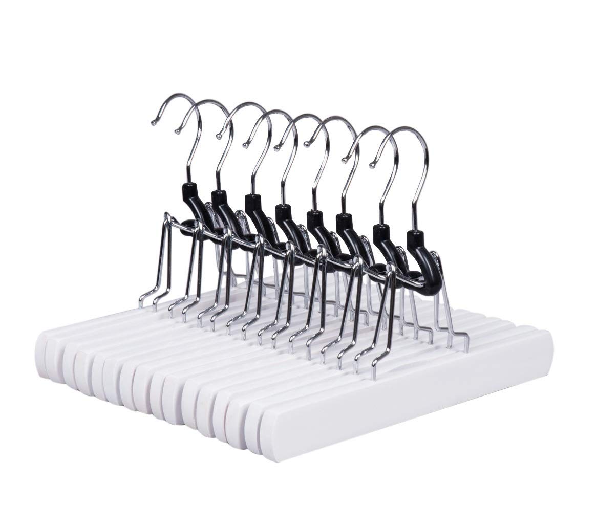 Amber Home 10 Pack White Wooden Pants Hangers, Wood Clamp Hangers with Non Slip Padded Velvet, Jeans/Slacks Hangers Hair Extension Hangers for Skirts, Trousers, Wigs (White, 10)