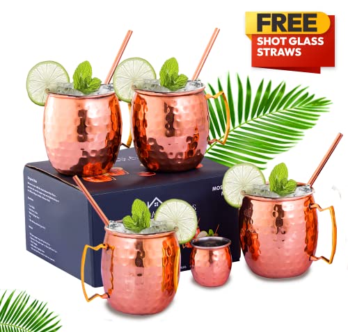 ARTISANS VILLAGE Moscow Mule Mugs | Set of 4 | Stainless Steel Lining | Pure Copper Plating | 100% Handcrafted Hammered Cups | Size 16 oz | With Premium Straws and Shot Glass