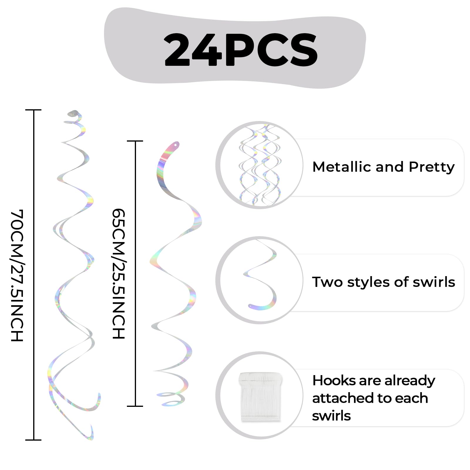 24 PCS Iridescent Hanging Swirl, Shinny Holographic Ceiling Decorations, Plastic Streamer Party Decorations with Double-Swirls and Single-Swirls for Birthday Decorations, Wedding, Baby Shower